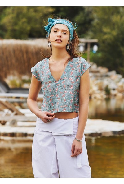 Clandestino Desenli V Yaka Kadın Bluz Gri