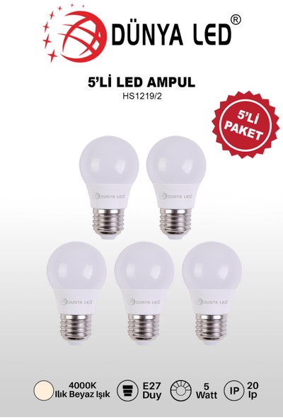 Dünya Led HS.1219/2 5W E-27 5'li LED Ampul 4000K Ilık Beyaz Işık Yüksek Lümen