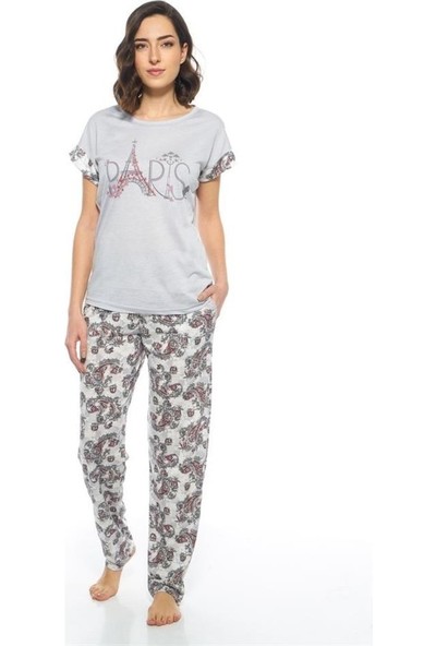 Estiva Kadın Çiçek Desenli Kısa Kol Viskon Pijama Takımı - Gri Estiva Kadın Çiçek Desenli Kısa Kol Viskon Pijama Takımı - Gri