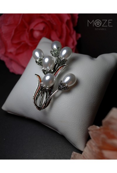 Moze İstanbul Incili Çiçek Yaka Broş Hediyelik