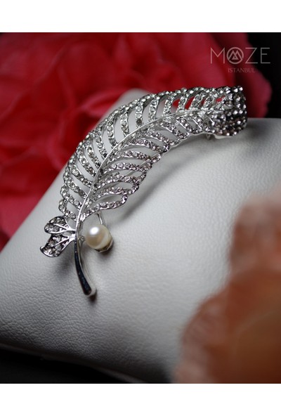 Moze İstanbul Incili Gümüş Renk Yaprak Çiçek Yaka Broş