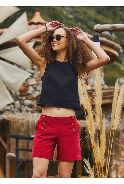 Clandestino Düğmeli Düz Renkli Mini Bohem Şort Kırmızı