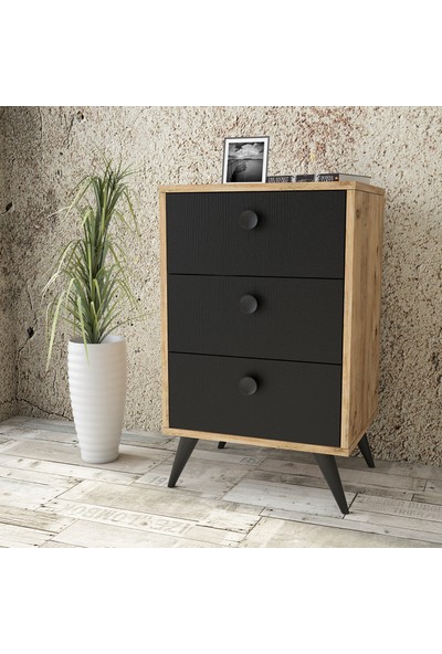 L'occi Concept Lisa Komodin Ahşap Ayak, 3çekmece, Çam-Siyah LS68-232 L'occi Concept Lisa Komodin Ahşap Ayak, 3çekmece, Çam-Siyah LS68-232