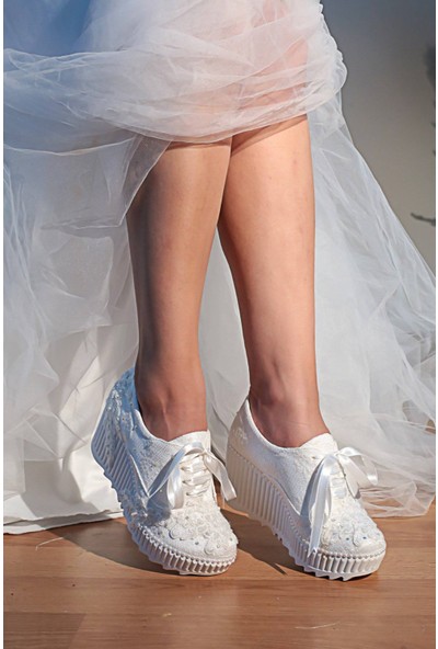 Karınca Ayakkabı 1-95315 Spor Dolgu Topuk Beyaz Dantel Gelin Ayakkabı