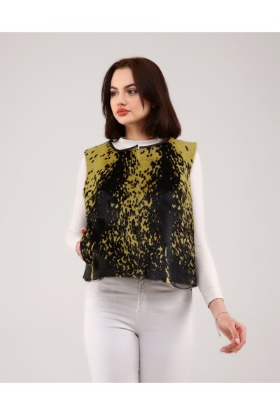 Leatinn Yeşil Kadın Desenli Deri Yelek
