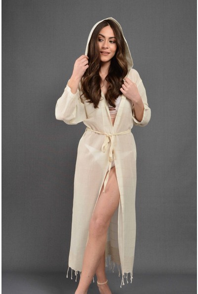 Dosimira Kapşonlu Çizgili Uzun Ketenli Kimono M/l