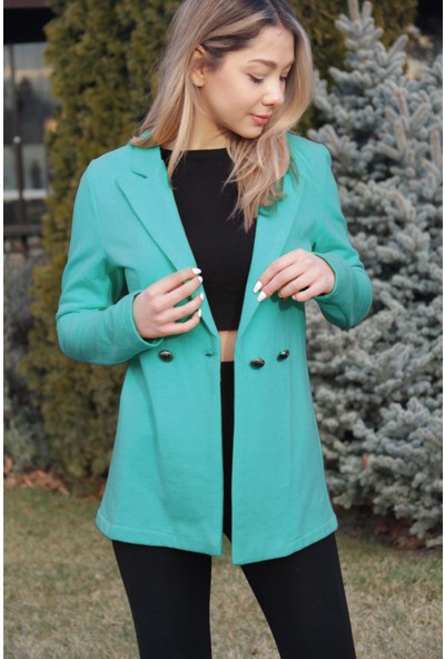 Bayan Mint Yeşil Düğmeli Yazlık Ince Ceket Bayan Mint Yeşil Düğmeli Yazlık Ince Ceket