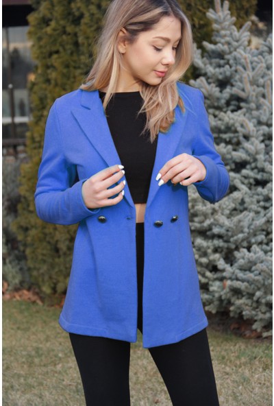 Bayan Saks Mavi Düğmeli Yazlık Ince Ceket Bayan Saks Mavi Düğmeli Yazlık Ince Ceket