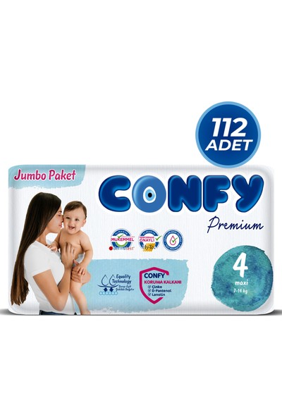 Confy Premium Bebek Bezi 4 Beden 7 - 14 kg Maxi 112'li Confy Premium Bebek Bezi 4 Beden 7 - 14 kg Maxi 112'li