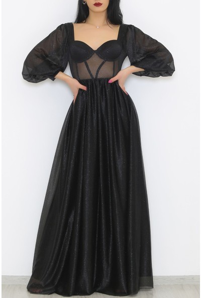 BYR Glop Detaylı Simli Abiye Siyah