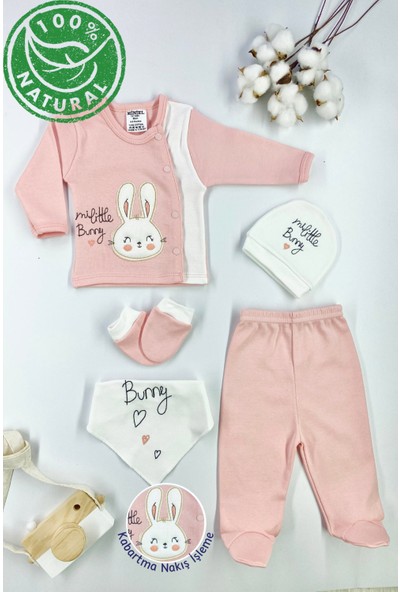 Yenidoğan Kız Bebek Little Bunny Nakışlı 5'li Hastane Çıkışı - Somon