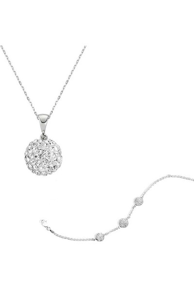 Gumush Gümüş Beyaz Kristal Taşlı Top Bayan Set