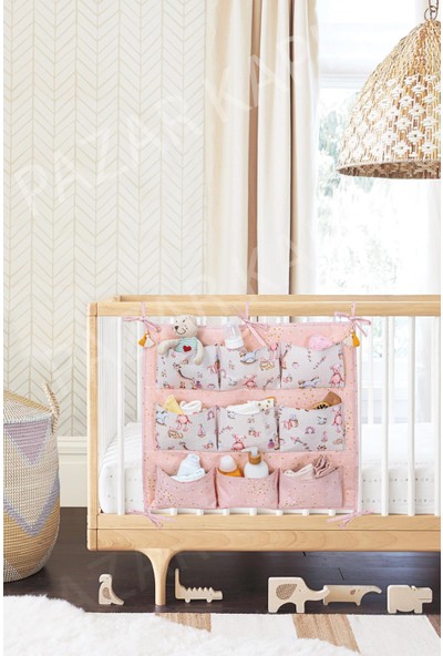 Pazar Kapısı Baby Bebek Odası Beşik Kenarı Düzenleyici 9 Cepli Pembe
