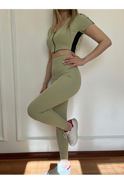 Long Leg Taş Fermuarlı Fitilli Crop Örme Bluz