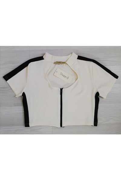 Three's Taş Fermuarlı Fitilli Crop Örme Bluz