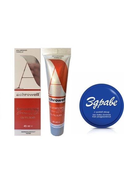 Achrowell Kırışıklı Karşıtı Uv Filtreli Beyazlatıcı Krem 45ML + Zdrave Akne Leke Sivilce Kremi 30GR Achrowell Kırışıklı Karşıtı Uv Filtreli Beyazlatıcı Krem 45ML + Zdrave Akne Leke Sivilce Kremi 30GR