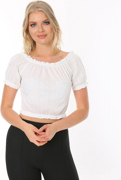 Ecrou Kadın Madonna Yaka Retro Çizgili Crop Bluz Ecrou Kadın Madonna Yaka Retro Çizgili Crop Bluz