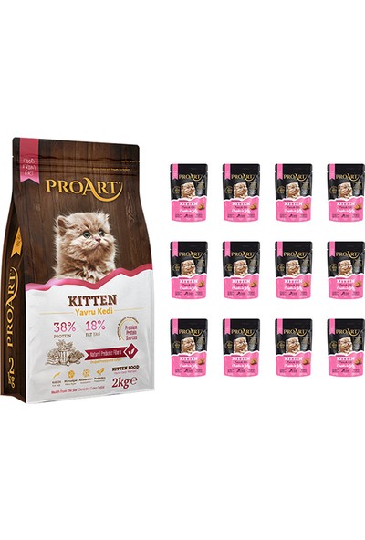 Proart Tavuk Etli Yavru Kedi Maması 2 kg + Tavuk Etli Yavru Kedi 85 gr 12'lı Proart Tavuk Etli Yavru Kedi Maması 2 kg + Tavuk Etli Yavru Kedi 85 gr 12'lı