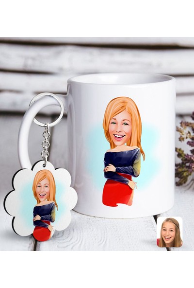 Bk Kişiye Özel Bayan Karikatürlü Beyaz Kupa Ve Anahtarlık Hediye Seti-12