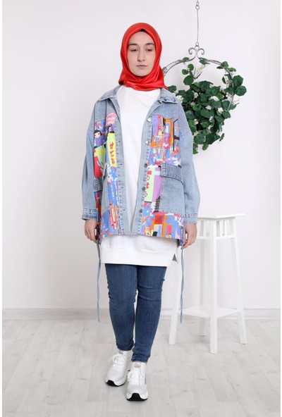 Nisaca Kot Desenli Kumaş Garnili Kadın Ceket Açık Mavi