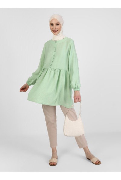 Benin Balon Kol Rahat Kesim Tunik - Su Yeşili - Benin