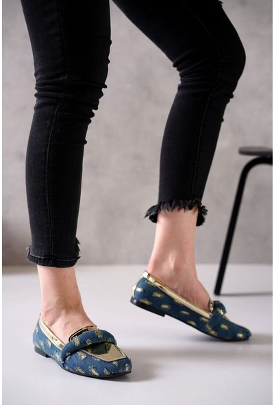 Pabucmarketi Altın Sim Detaylı Kot Kadın Düz Ayakkabı