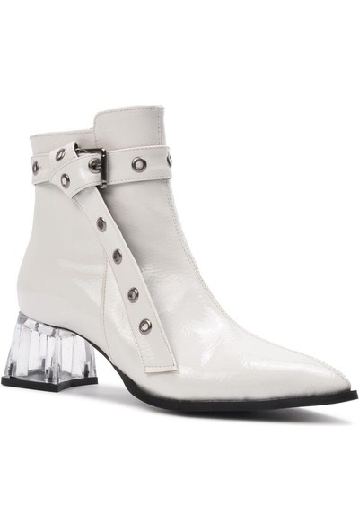 Enesege Beyaz Fermuarlı Kadın Topuklu Bot