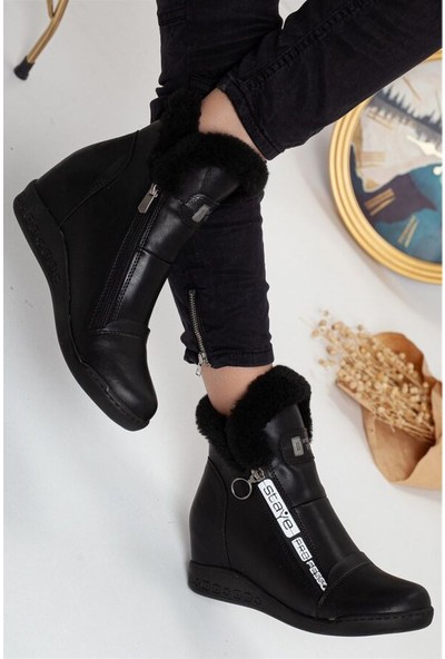 Pabucmarketi Tüy Detaylı Siyah Suni Deri Kadın Bot