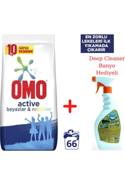 Omo Active Toz Çamaşır Deterjanı Beyaz ve Renkliler 10 kg + Deep Cleaner Banyo Omo Active Toz Çamaşır Deterjanı Beyaz ve Renkliler 10 kg + Deep Cleaner Banyo