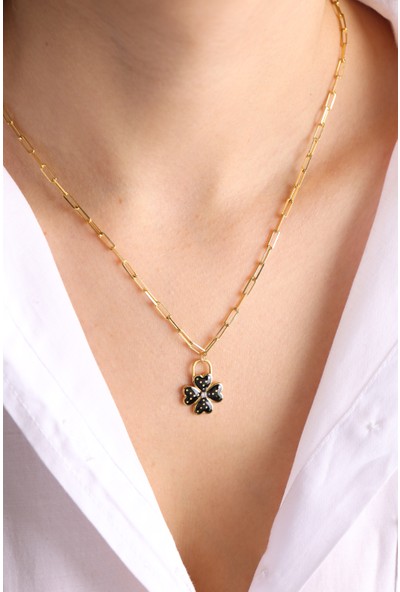Cakan Jewelry Yonca Kilit Puantiyeli Kolye Siyah