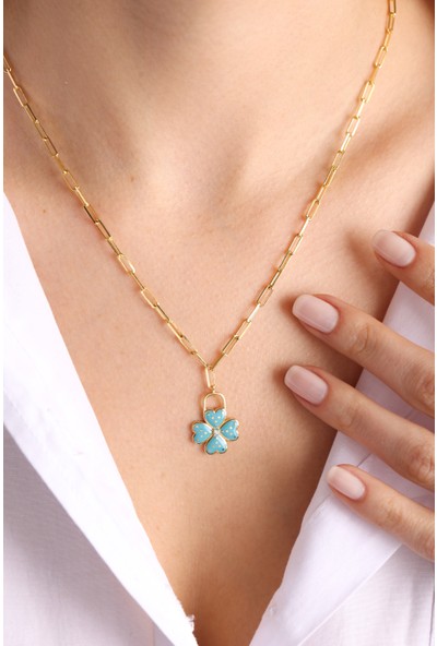 Cakan Jewelry Yonca Kilit Puantiyeli Kolye Turkuaz