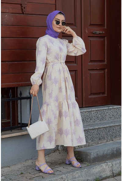 Sevitli Lila Keten Desenli Önden Bağlamalı Uzun Elbise Sevitli Lila Keten Desenli Önden Bağlamalı Uzun Elbise