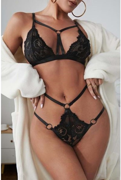 Pel Giyim Kadın Fantazi Sütyen Takımı Özel Tasaım Halkalı - Pel Giyim - Sütyen Takımı - Siyah - S-M