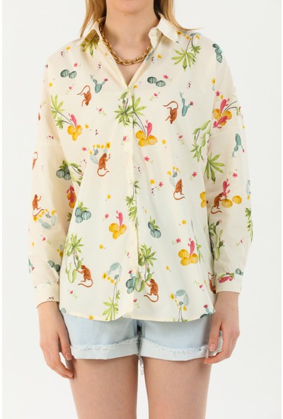 Woreys Krem Desenli Oversize Uzun Gömlek