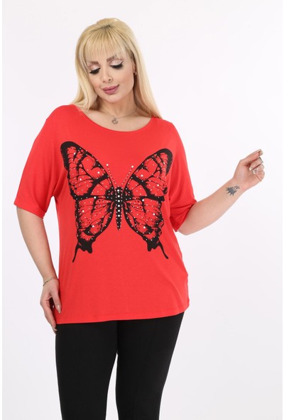 Modayız Kelebek Baskılı Taşlı Büyük Beden Tshirt 37B-2097