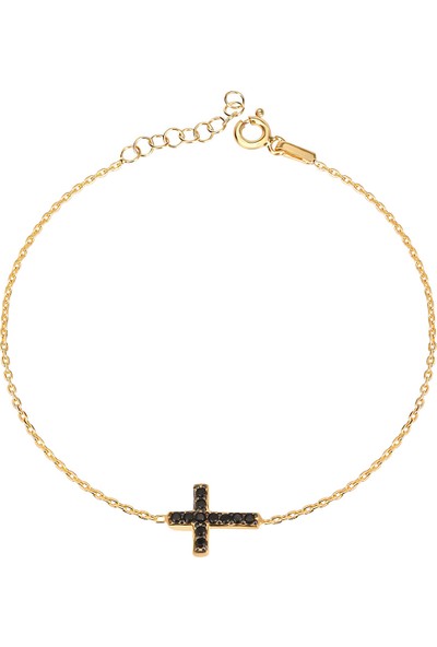Coşar Silver Siyah Taşlı Pırlanta Montür Altın Kaplama Haç Gümüş Bileklik