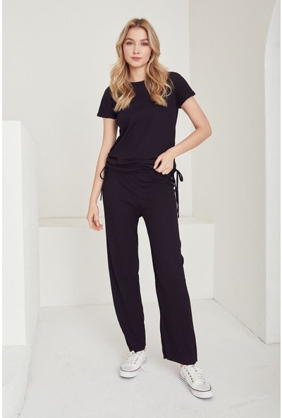 Lime Moda Fitilli Büzgülü Takım Siyah Lime Moda Fitilli Büzgülü Takım Siyah