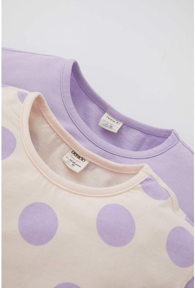 DeFacto Kız Bebek Regular Fit Bisiklet Yaka Desenli 2'li Kısa Kollu Pamuklu Tişört W9049A222SM