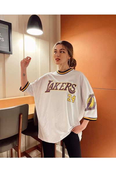 Lakers Baskılı Oversize Unisex Beyaz Tshirt