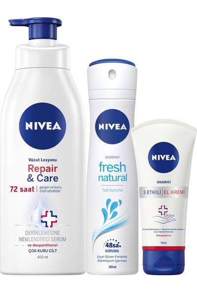Nıvea Repair&care Vücut Losyonu 400 ml + R&c El Kremi 75 ml + Fresh Kadın Deodorant Sprey 150 ml Nıvea Repair&care Vücut Losyonu 400 ml + R&c El Kremi 75 ml + Fresh Kadın Deodorant Sprey 150 ml