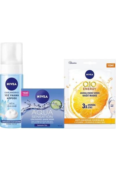 Nivea Yüz Temizleme Köpüğü 150 ml Normal Ciltler Için+Aqua Sensatıon Krem + Q10 Kağıt Maske Nivea Yüz Temizleme Köpüğü 150 ml Normal Ciltler Için+Aqua Sensatıon Krem + Q10 Kağıt Maske