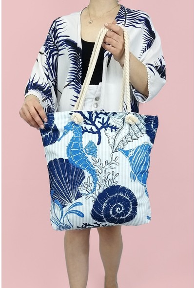 HandeMore Kadın Plaj Çantası Fermuarlı Rahat Kumaş Yumuşak Örgü Ip Askılı Renkli Desenli