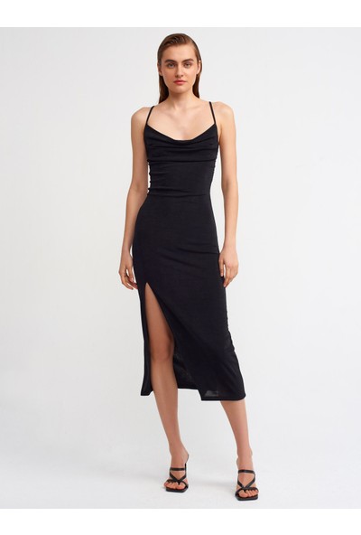 90325 Degaje Yakalı Uzun Elbise-Siyah