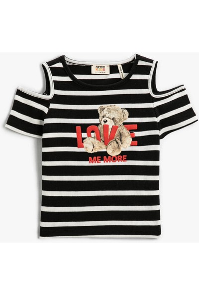 Koton Pencere Detaylı Tişört Çizgili Baskılı Kısa Kollu