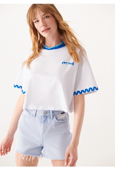 Mavi Logo Baskılı Beyaz Tişört