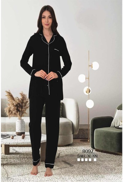 Effortt Siyah Önden Düğmeli Kadın Pijama Takımı Effortt Siyah Önden Düğmeli Kadın Pijama Takımı