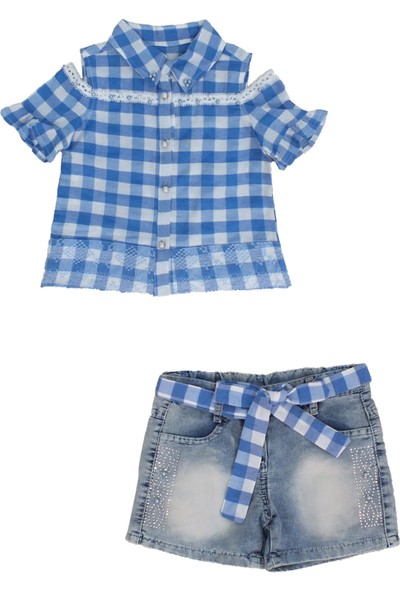 Kız Çocuk Kolları Fırfırlı Ekoseli Kot Şortlu Lüks Takım / 2-3 Yaş