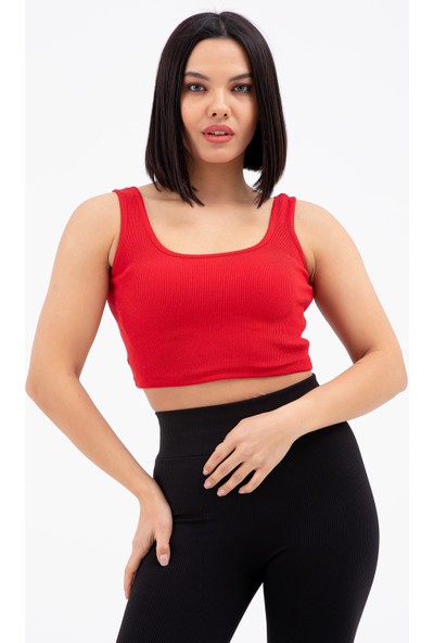 Kırmızı Renk Fitilli Günlük Giyime Uygun Şık Rahat Crop Bluz %100 Cotton