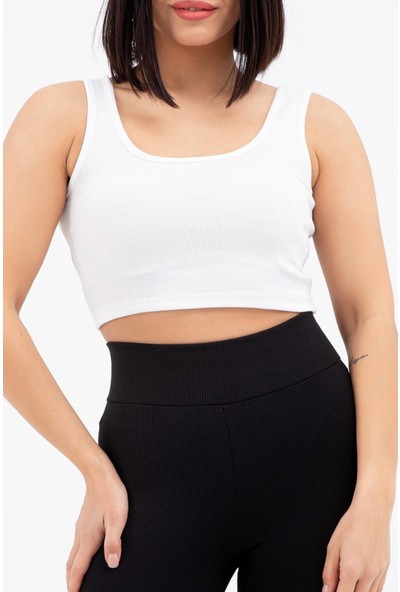 Ekru Renk Fitilli Günlük Giyime Uygun Şık Rahat Crop Bluz %100 Cotton