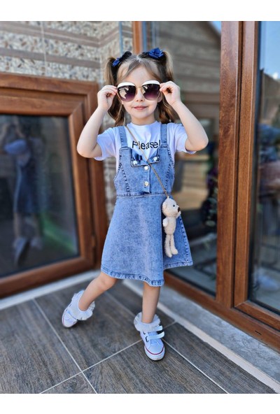 Yaren Kids Kız Çocuk Ayıcık Aksesuarlı Kot Jile ve Tişört Elbise